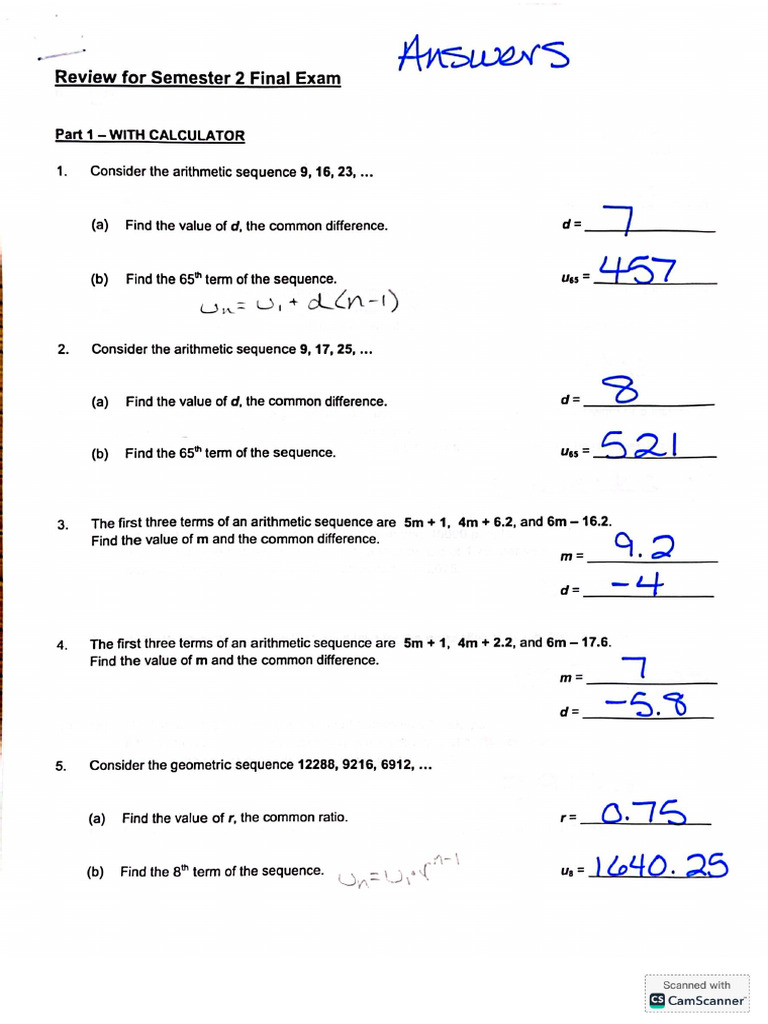 Review For S2 Final Exam - Part 1 Answers (With Calculator) | PDF