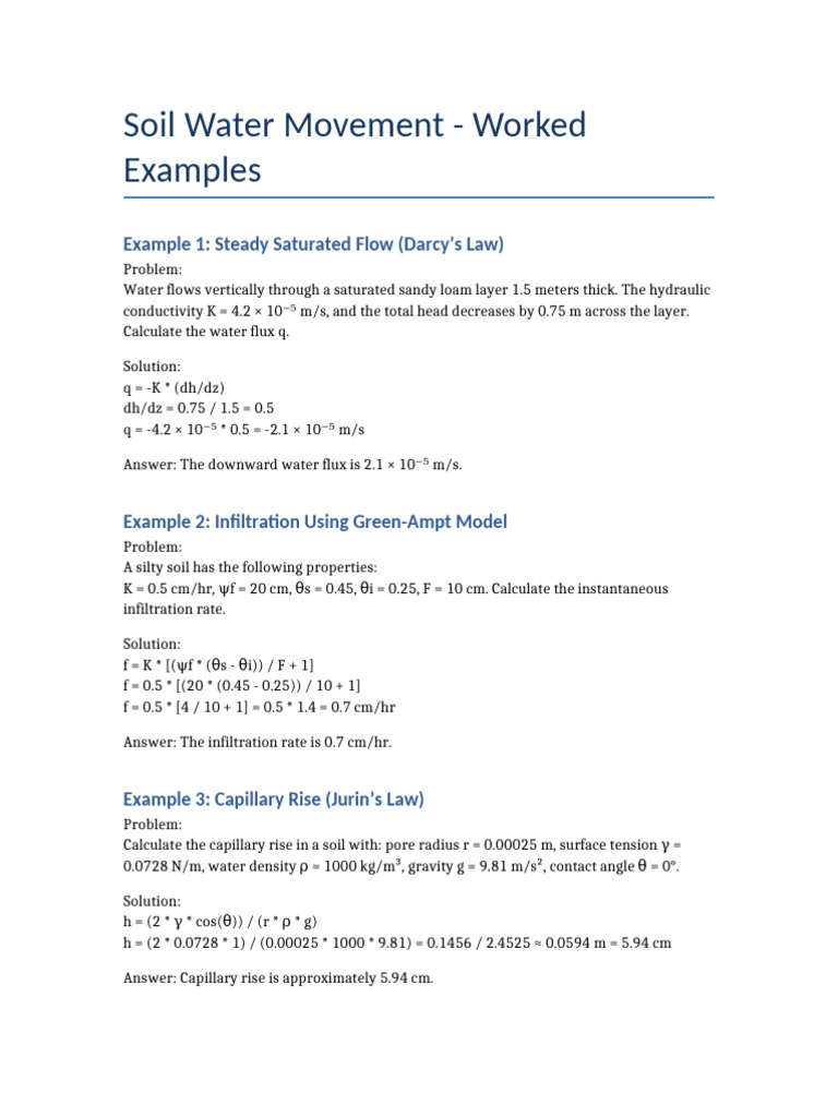 Soil Water Movement Worked Examples | PDF