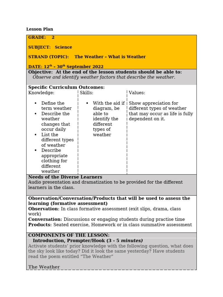 Science Lesson Plan The Weather | PDF | Education Theory | Behavior Modification
