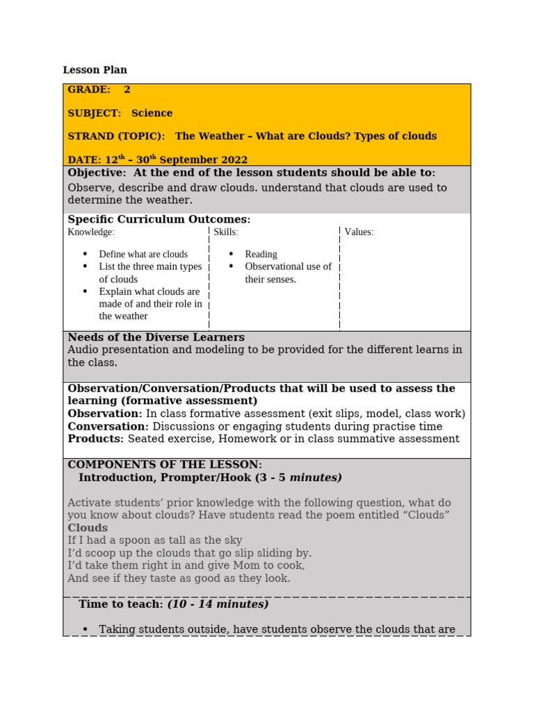 2nd Grade Science Lesson on Clouds | PDF | Educational Assessment ...