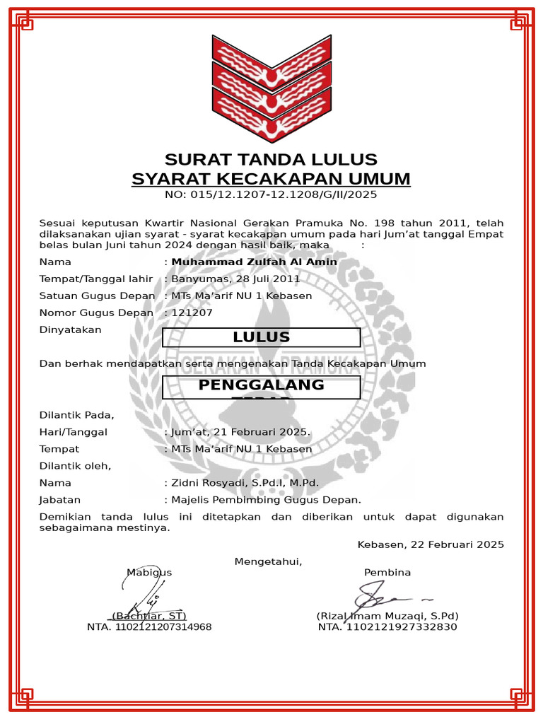 Surat Tanda Lulus Kecakapan Umum 2025 | PDF