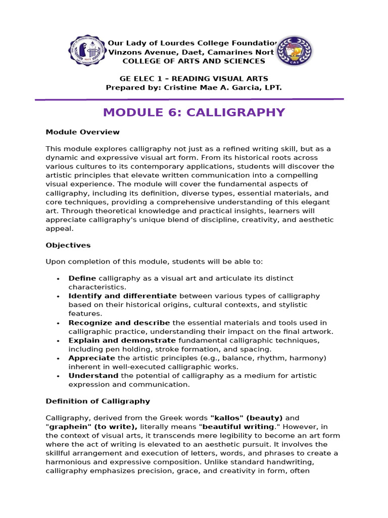 Module 6 Calligraphy | PDF | Calligraphy | Writing