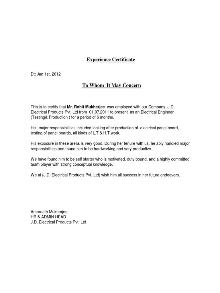 Experience Certificate