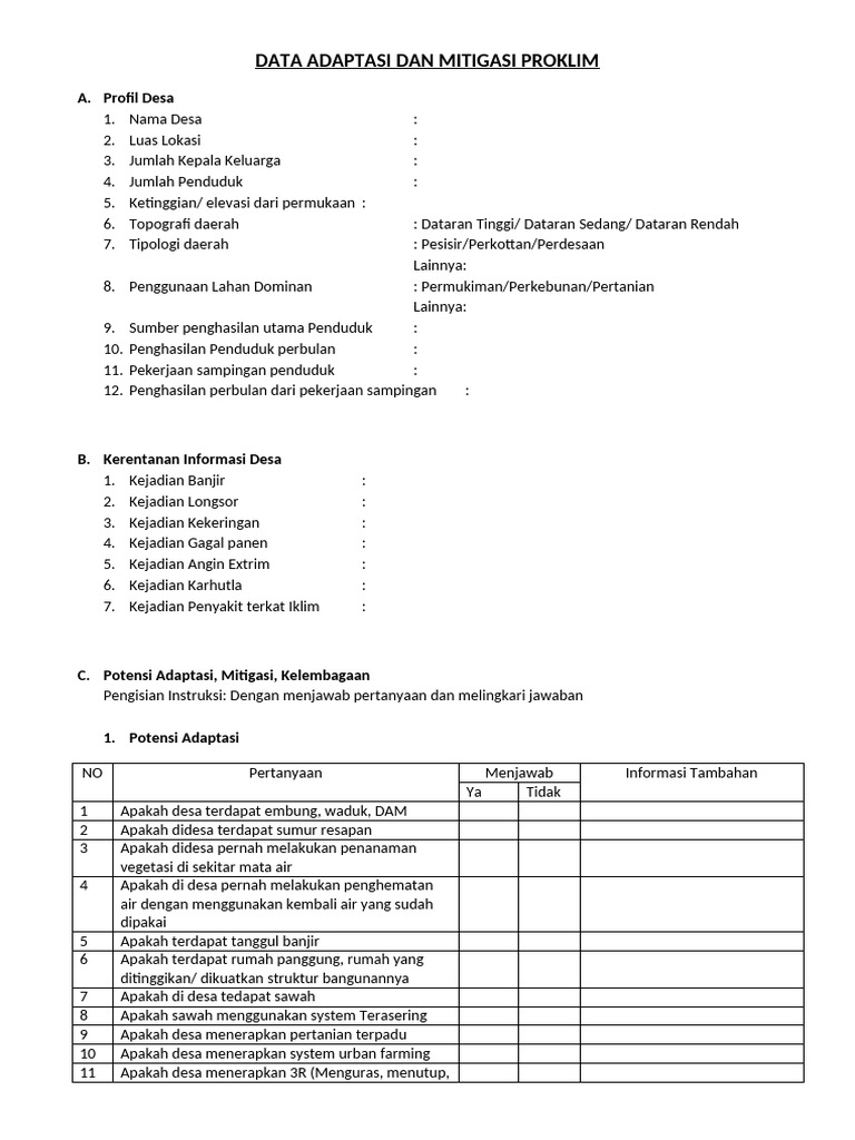 Data Adaptasi dan Mitigasi Proklim Desa | PDF