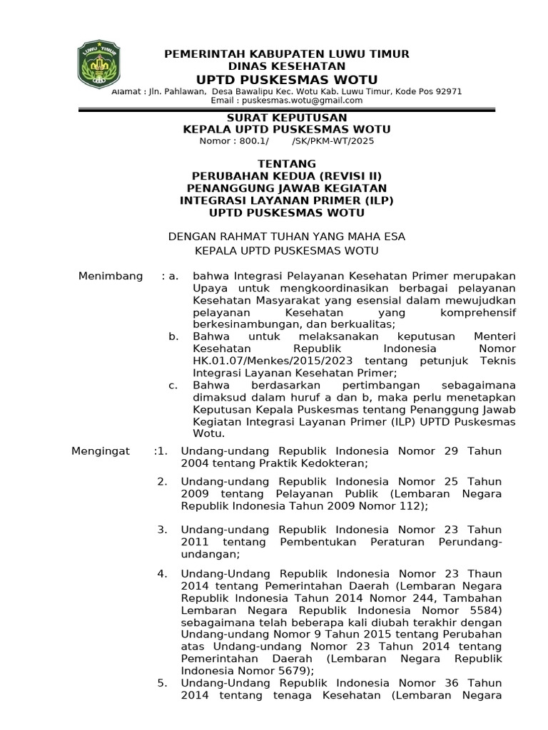 Revisi Penanggung Jawab ILP Puskesmas Wotu | PDF