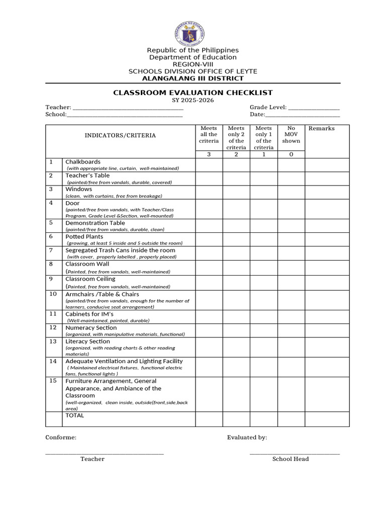 Classroom Evaluation Checklist 2025-2026 | PDF | Classroom | Learning