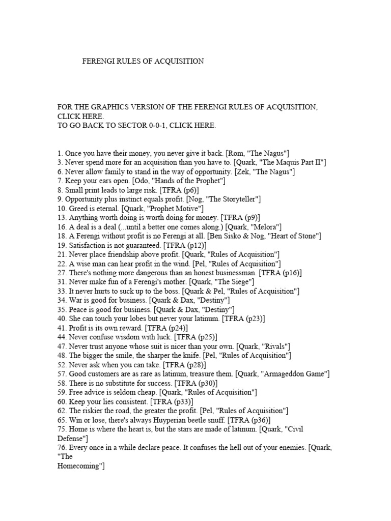 Ferengi Rules of Acquisition Summary | PDF | Ferengi | Star Trek Species