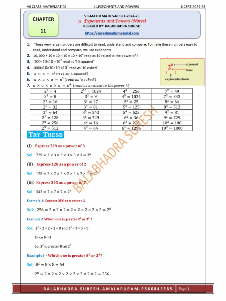 VII NCERT2024 25 Mathematics 11. Exponents and Powers Notes Wbimg | PDF