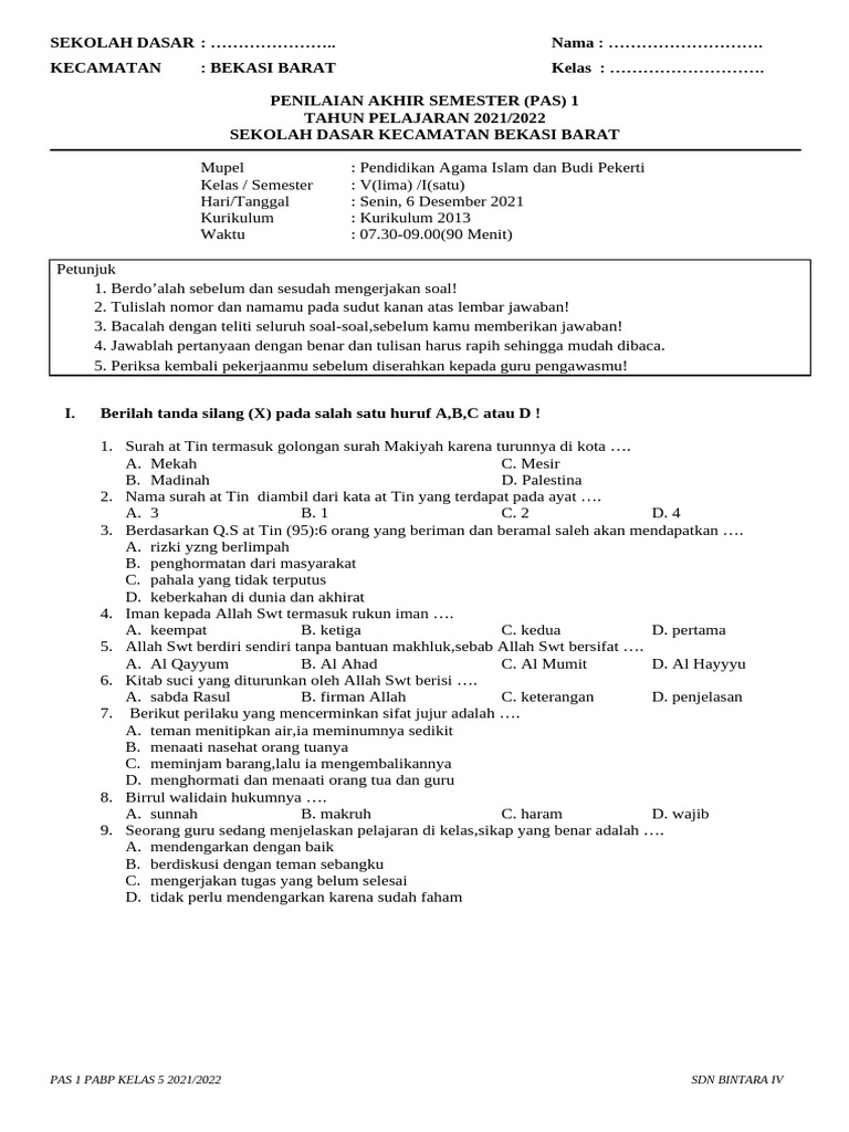 Soal Pas Pai Kls.5 Sem.1 2021 | PDF