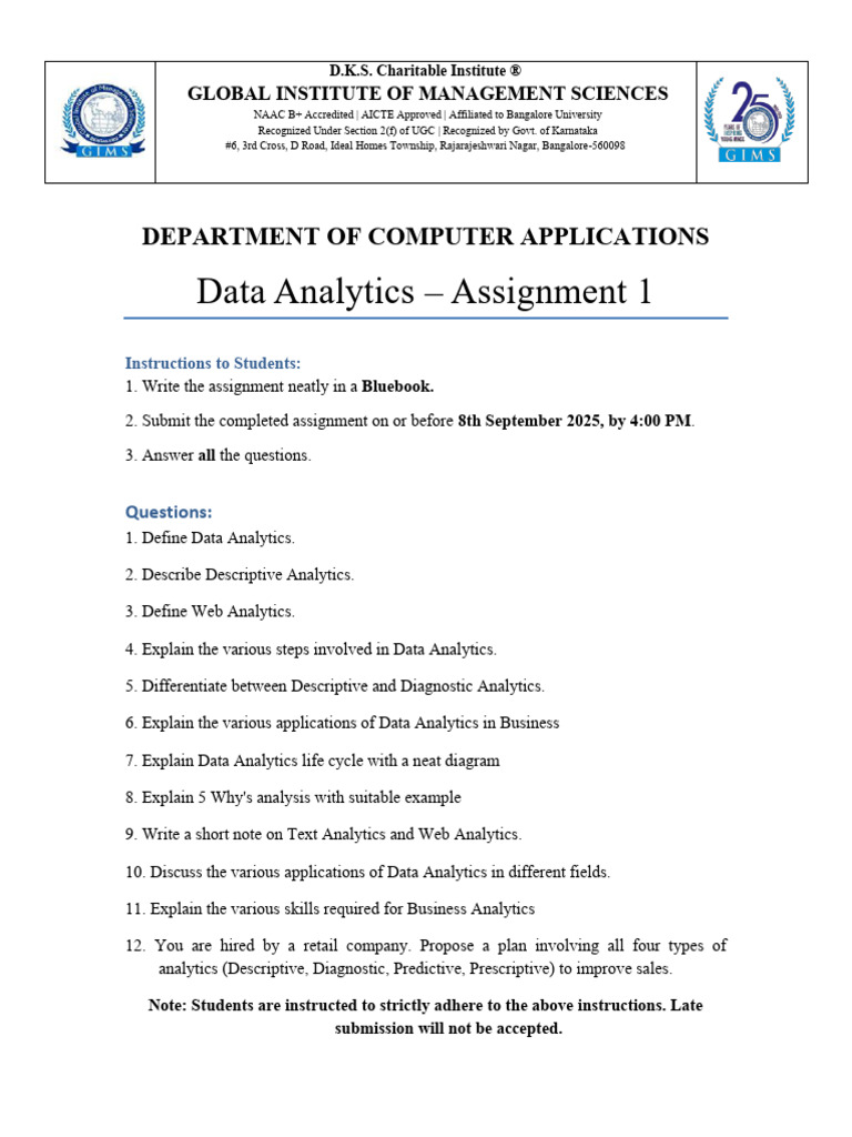 Data Analytics Assignment 1 August 2025 | PDF