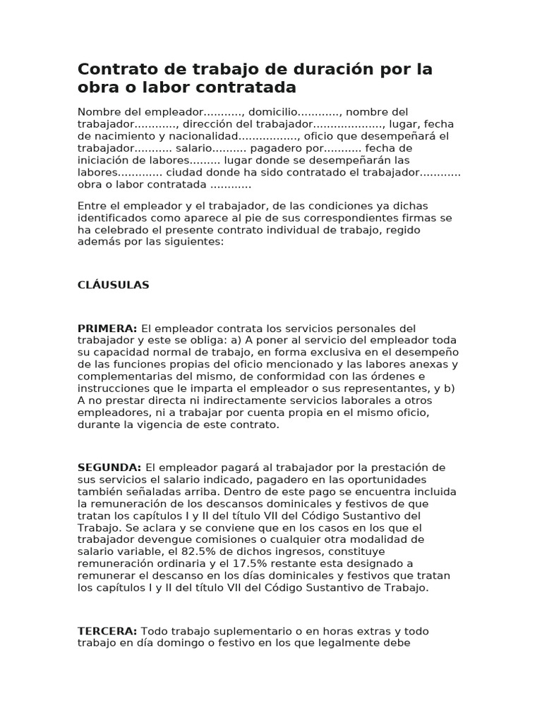 Contrato de Trabajo por Obra o Labor | PDF | Salario | Derecho laboral
