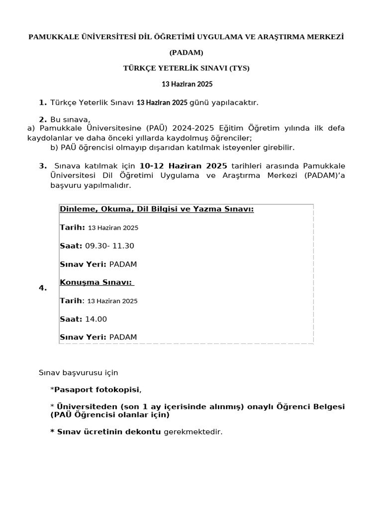 Türkçe Yeterlik Sınavı Bilgi 13.06.2025 | PDF