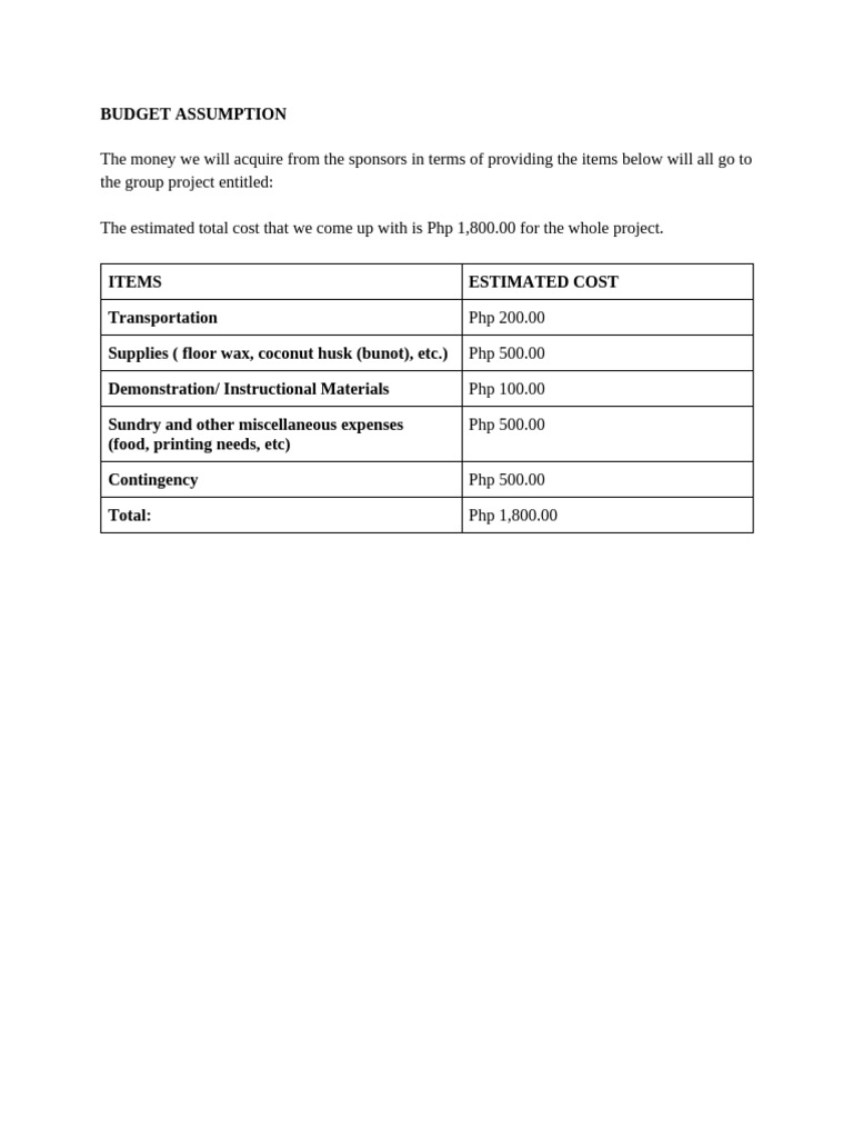 Budget Assumption 1 | PDF