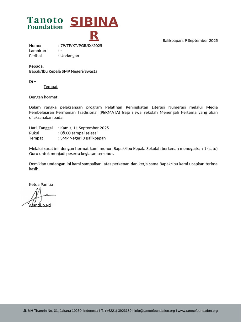 Undangan Peserta Pelatihan Si Binar | PDF