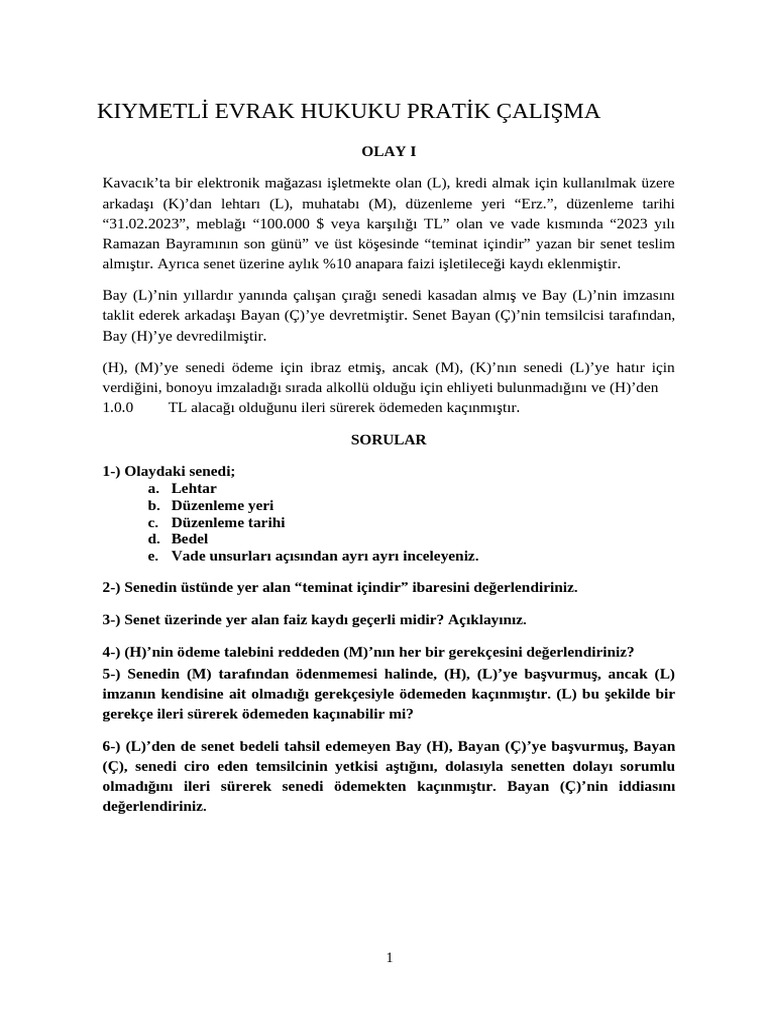 Kiymetli Evrak Prati̇k (1) Sorular | PDF