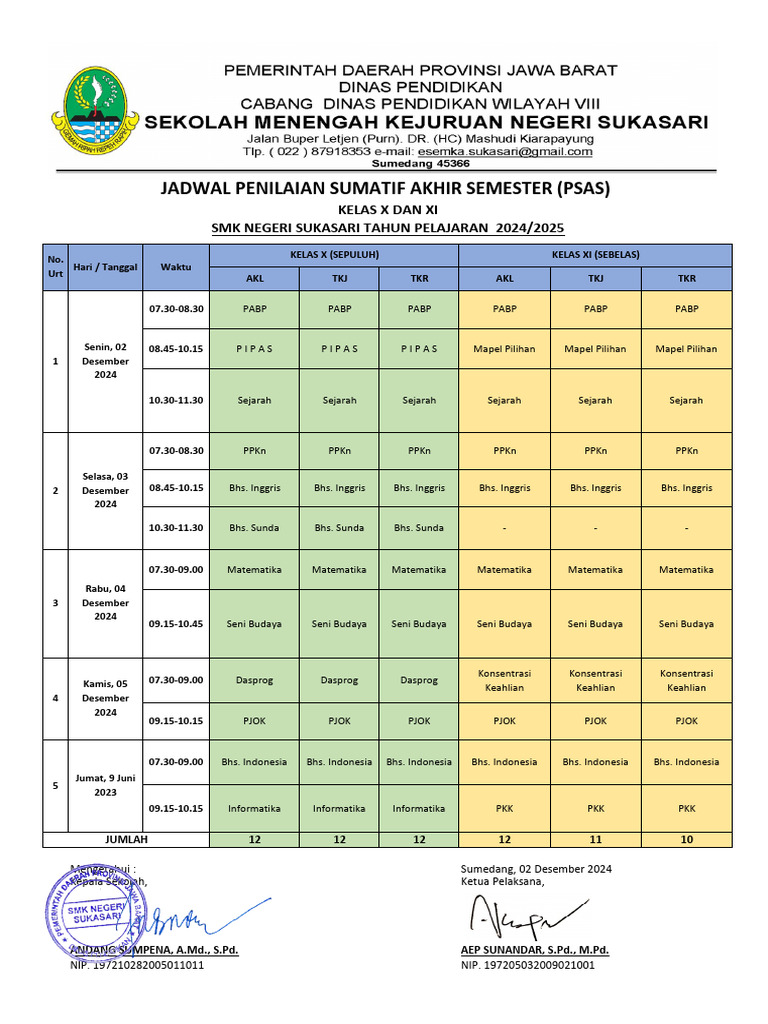 Jadwal PSAS Kelas X dan XI SMK 2024 | PDF