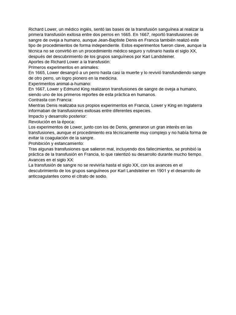 Aportes de Richard Lower a la transfusión | PDF