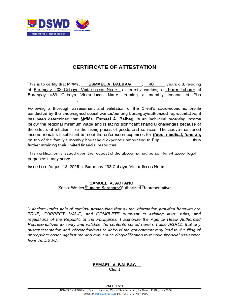 Certificate of Attestation for Esmael Balbag | PDF