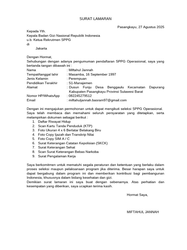Surat Lamaran SPPG | PDF
