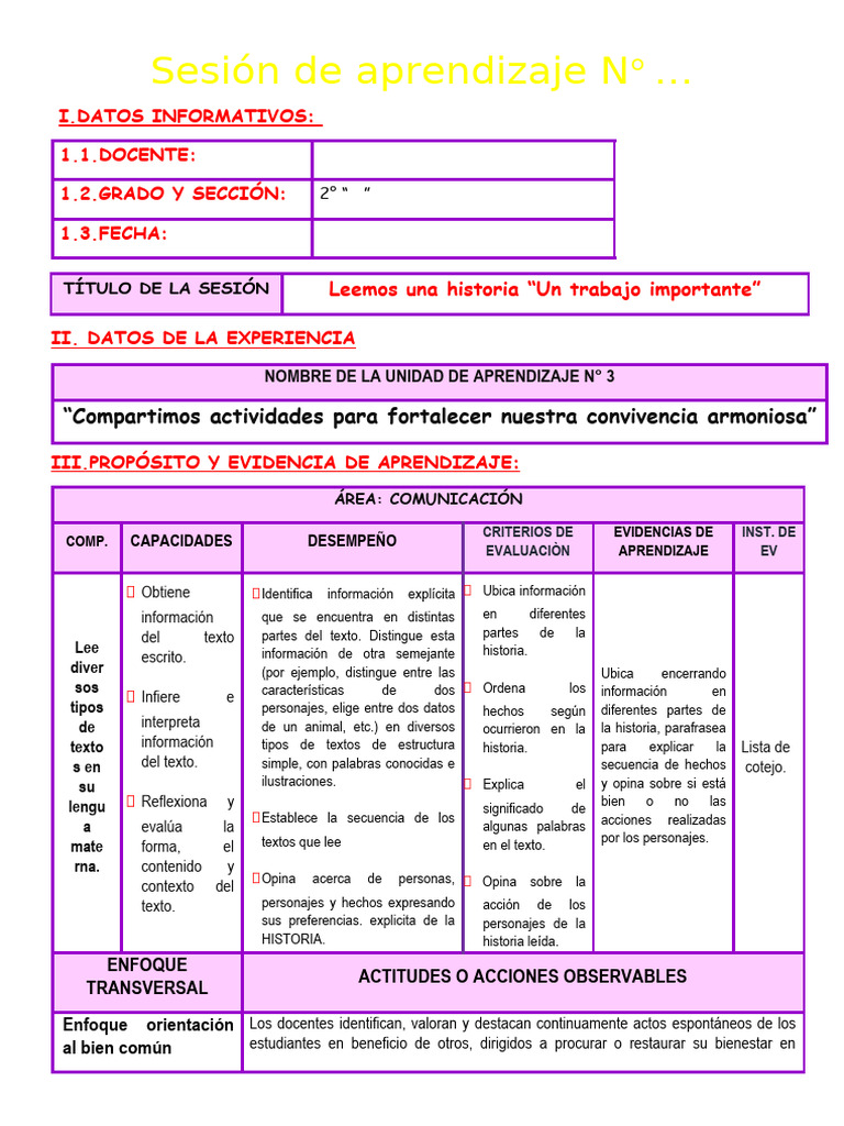 Sesiòn de Leemos Juntos Un Trabajo Importante Maestra Janet | PDF | Aprendizaje