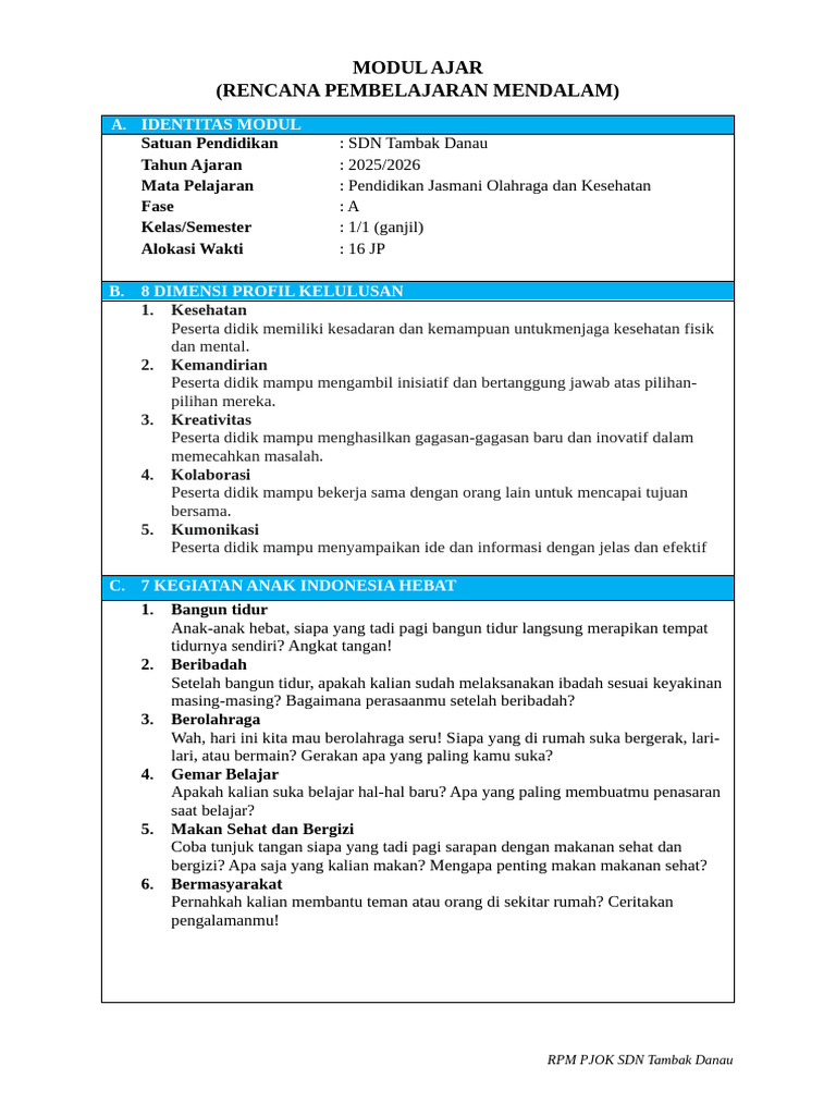RPM PJOK Kelas 1 SD 2025/2026 | PDF