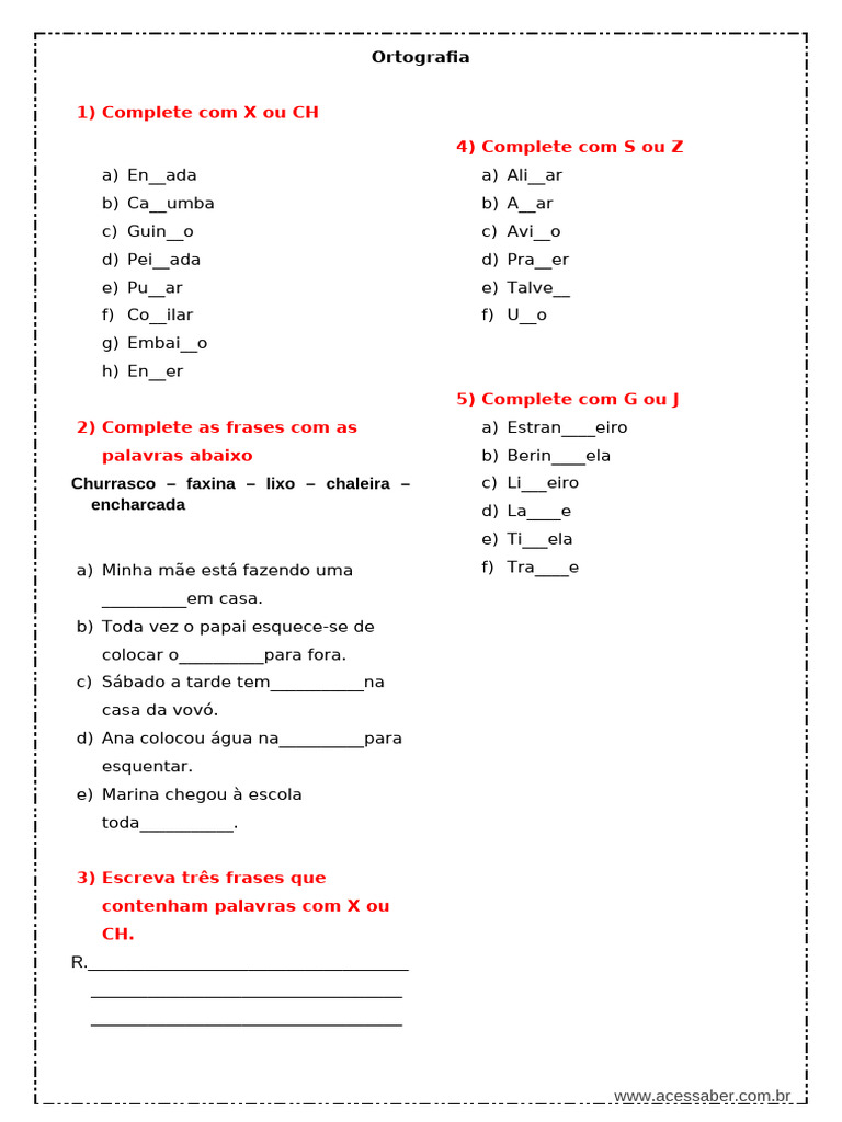 Exercícios de Ortografia: X, CH, S, Z, G, J | PDF