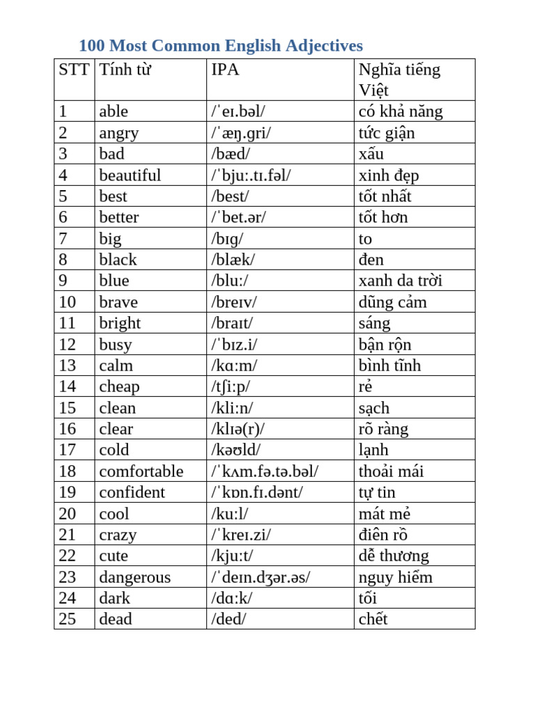 100 Common Adjectives | PDF