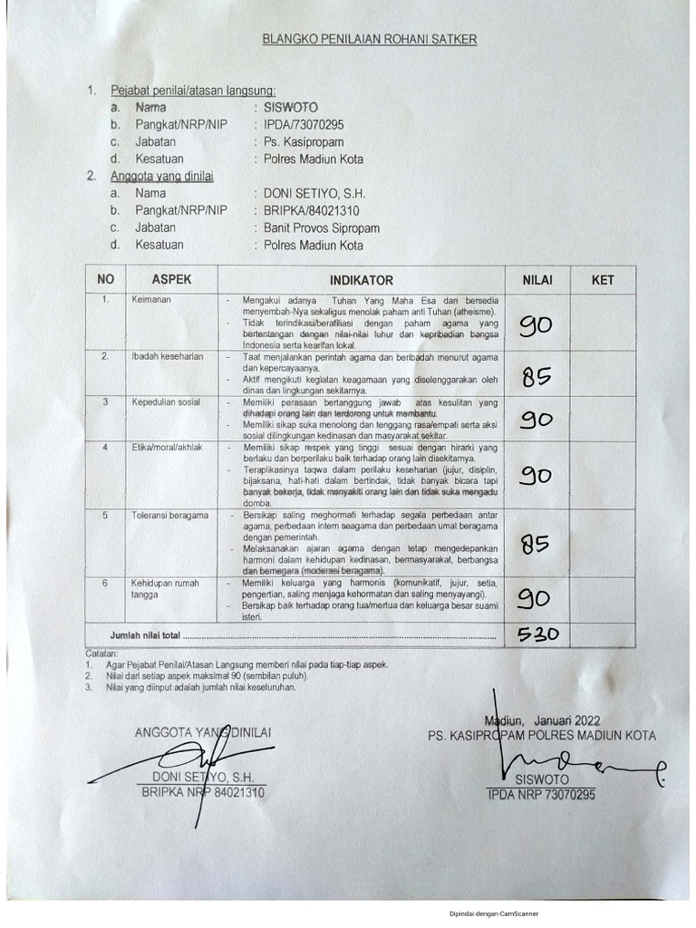 Nilai Satker Bripka Doni | PDF