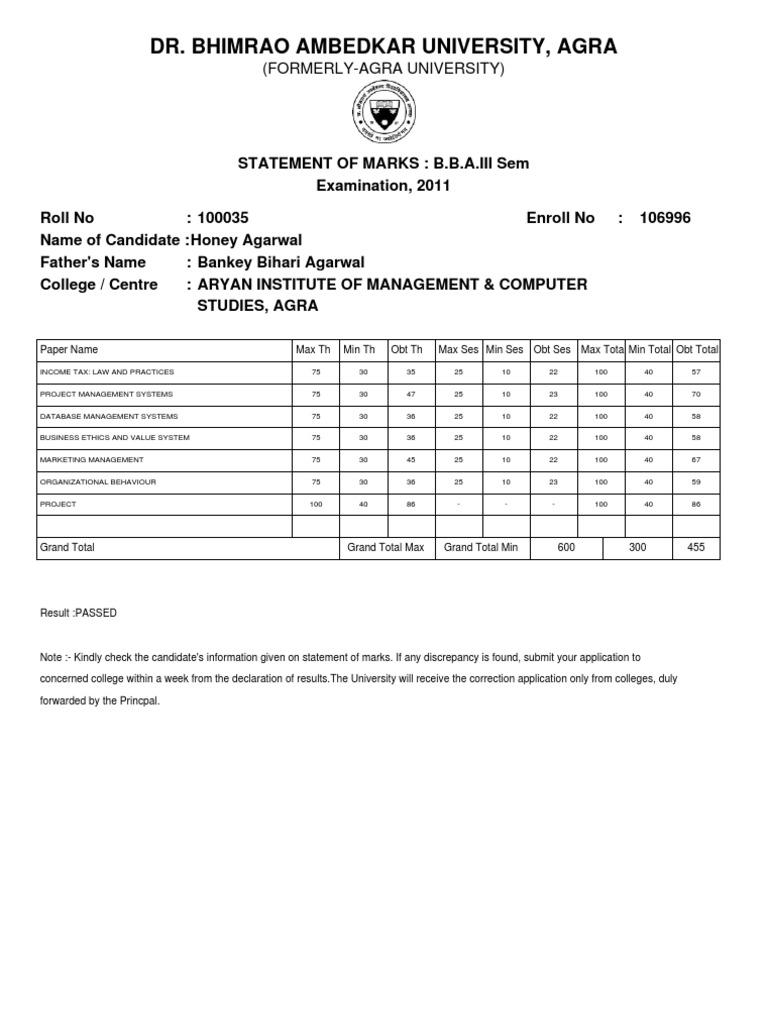 BBA III Sem Marks Statement 2011 | PDF | Career & Growth | Business