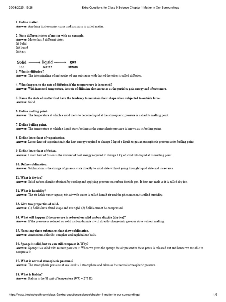 Extra Questions on Matter for Class 9 | PDF | Evaporation | Liquids