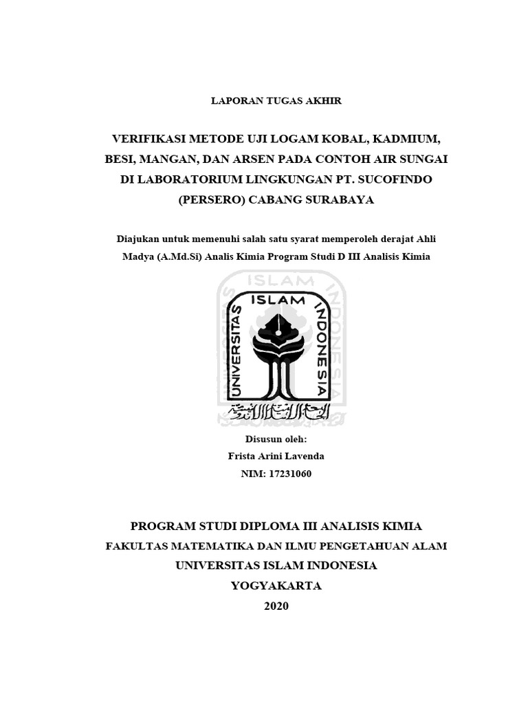 Verifikasi Metode Uji Logam Kobal, Kadmium,Besi, Mangan, Dan Arsen Pada ...