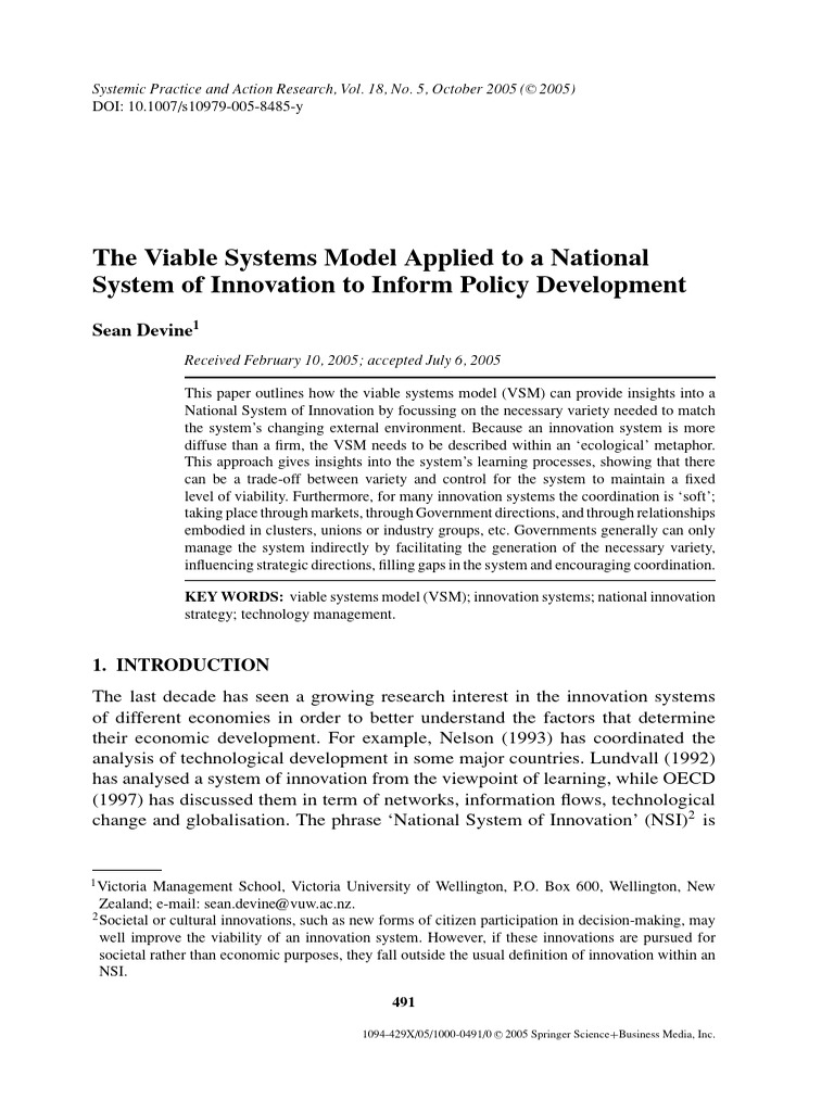 The Viable Systems Model Applied To A National System of Innovation To ...