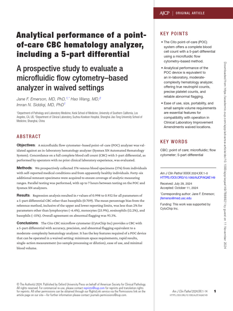 Performance of Cito POC CBC Analyzer | PDF | White Blood Cell | Blood Cell