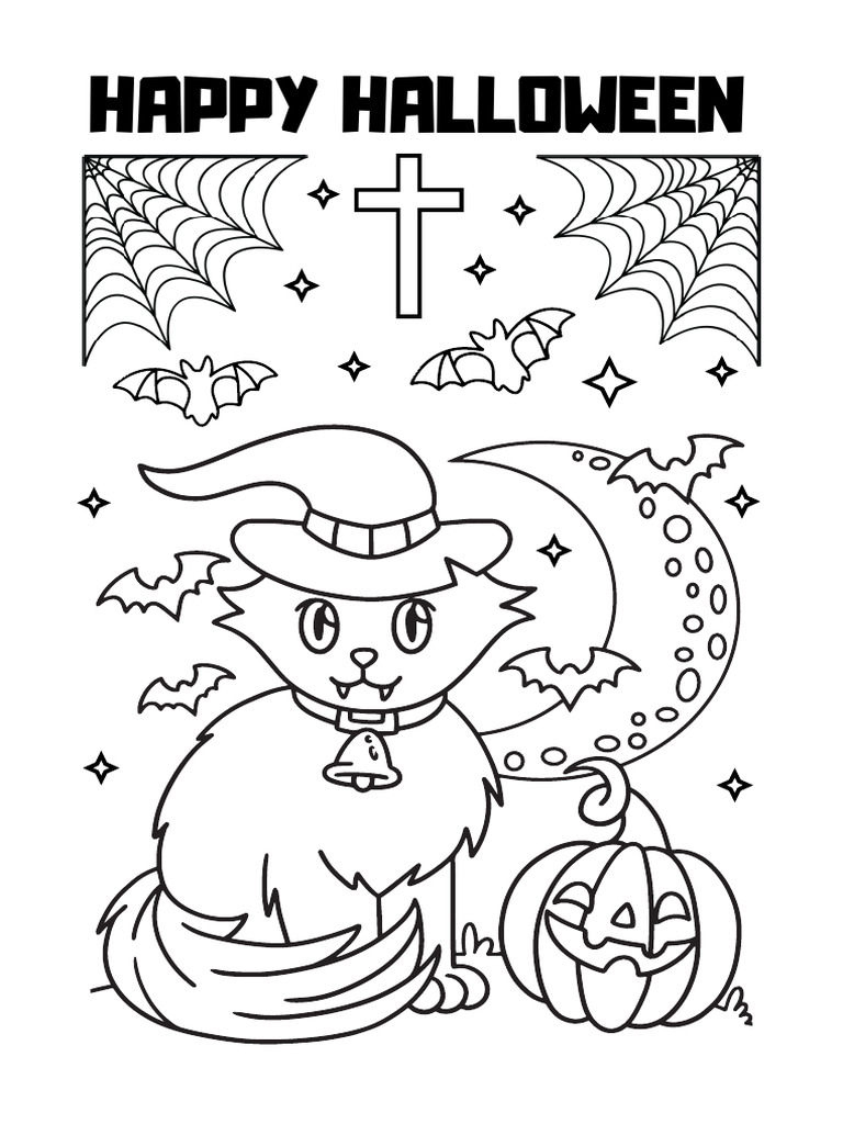 Black and White Illustrative Happy Halloween Coloring Page | PDF