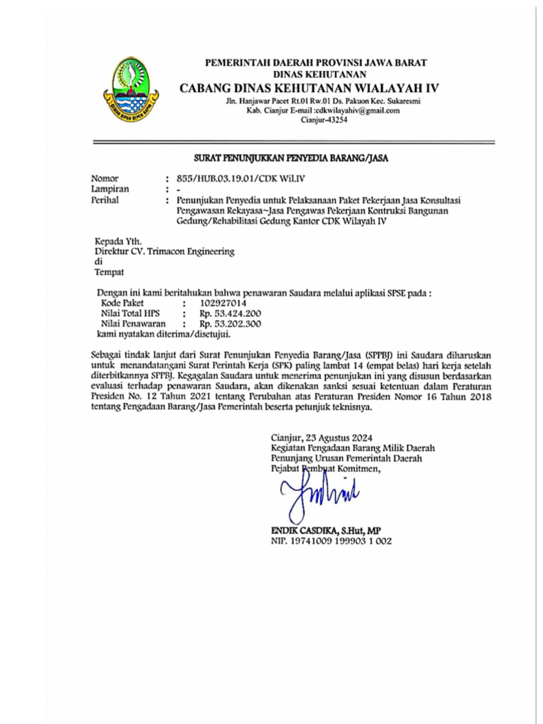 Surat Penunjukan Penyedia Barang Atau Jasa (SPPBJ) Taken | PDF