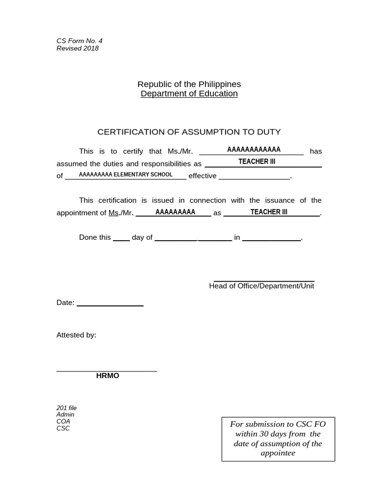 CS Form No. 004 Certification of Assumption To Duty | PDF