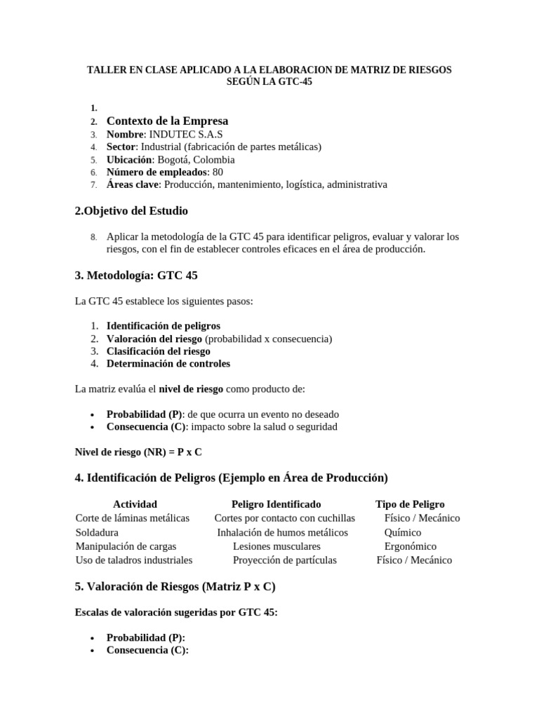 Taller en Calse Matriz de Riesgos Gtc45 | PDF