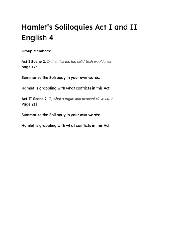 Austin Gray - Hamlet's Soliloquies Act I and II | PDF
