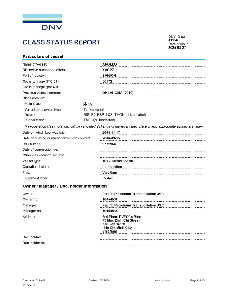 Apollo Tanker Class Status Report | PDF | Engines | Vehicle Parts