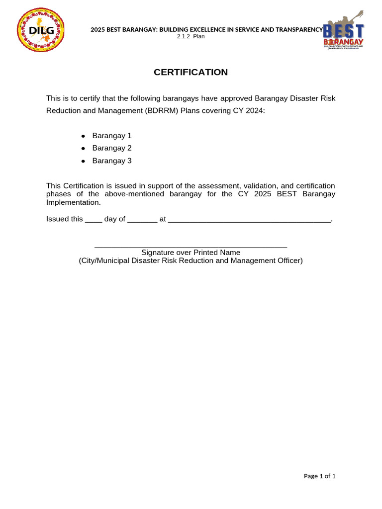 BDRRM Plans Certification 2025 | PDF