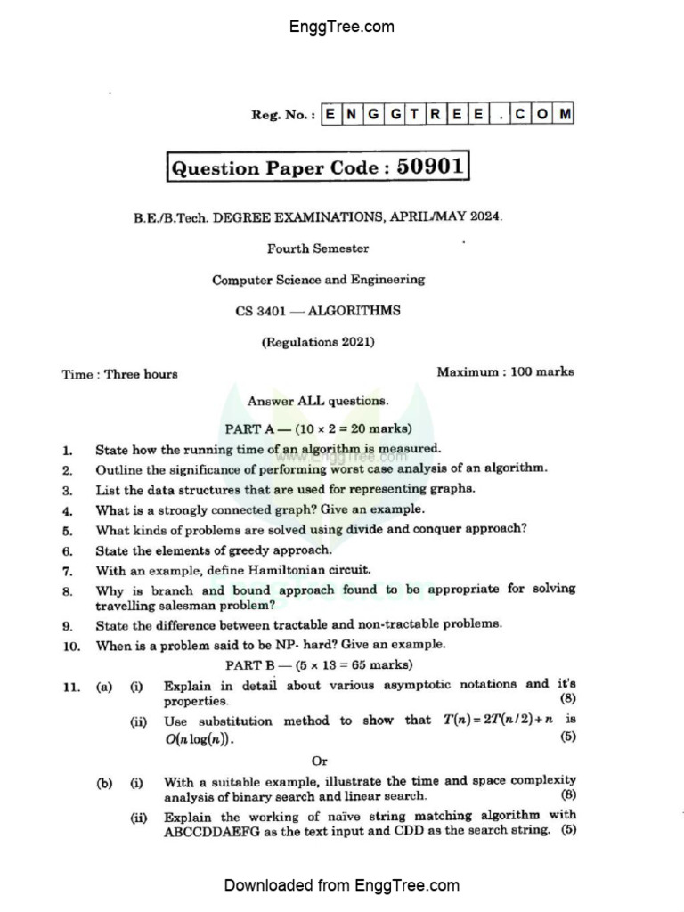 CS3401 Algorithms Apr May 2024 Question Paper Download | PDF