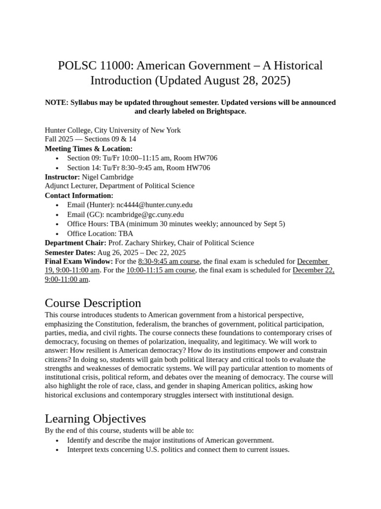 POLS 110 Syllabus (F2025) (Updated Aug 28, 2025) | PDF | Academic Dishonesty | Academic Integrity