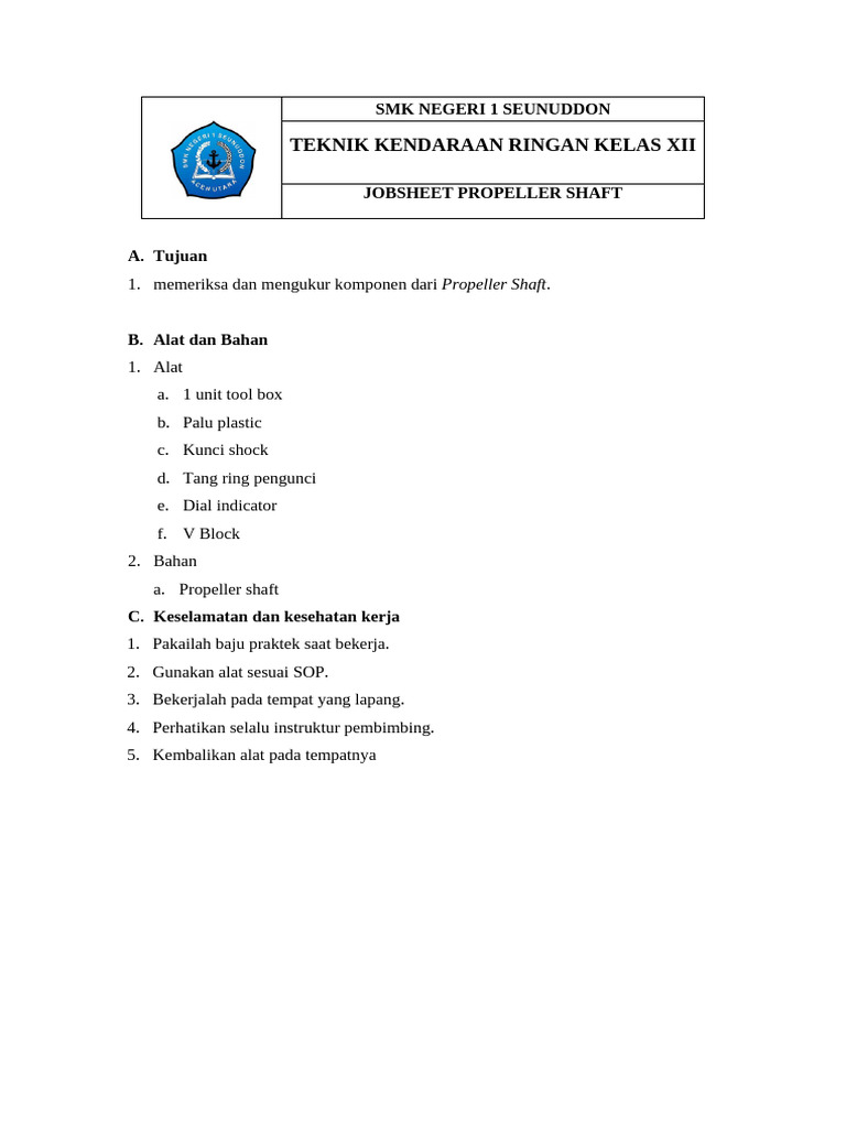 Jobsheet Poros Propeler | PDF