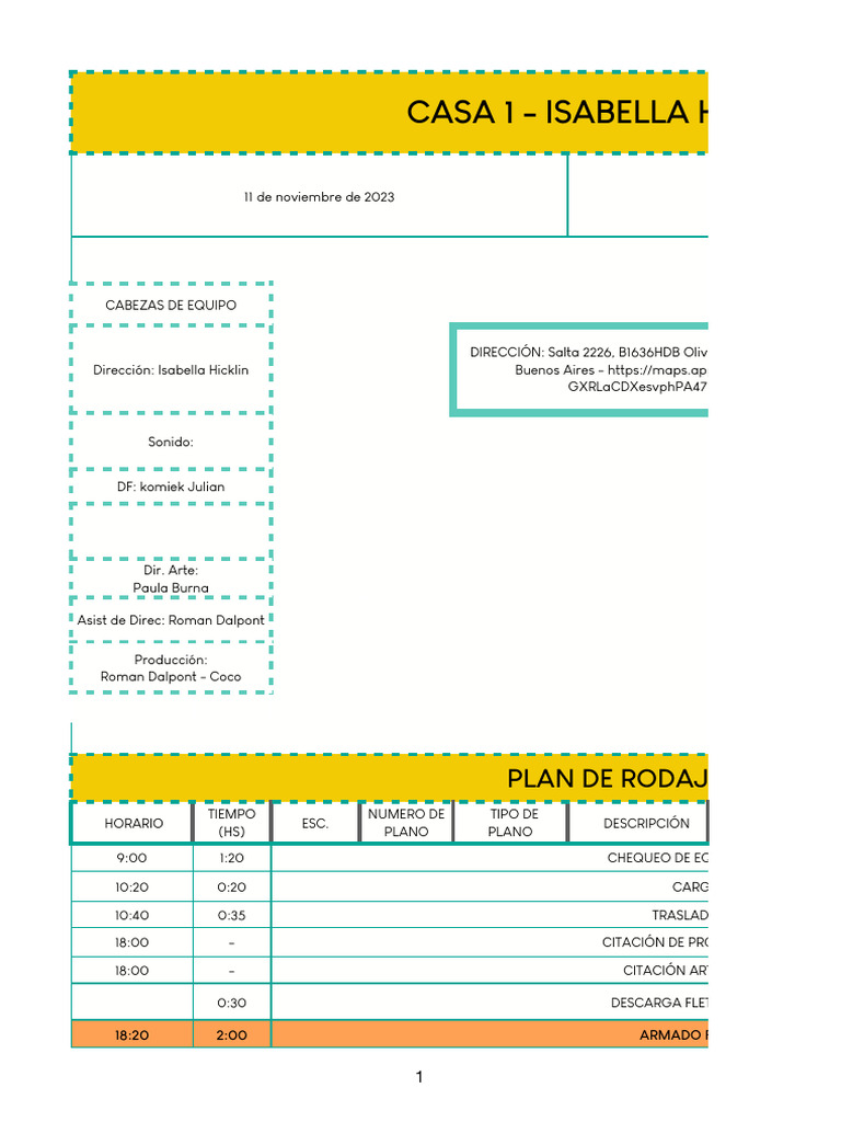 Plan de Rodaje: Casa 1 - Isabella Hicklin | PDF