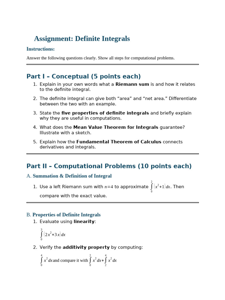 Assignment - Definite Integrals | PDF