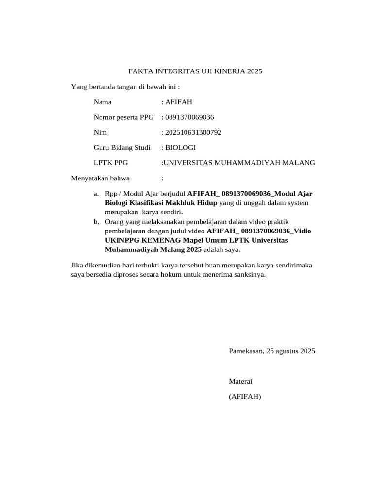 Fakta Integritas Uji Kinerja 2025 | PDF