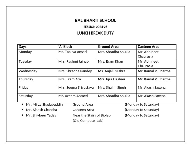 Bal Bharti School Lunch Duty Schedule 2024-25 | PDF