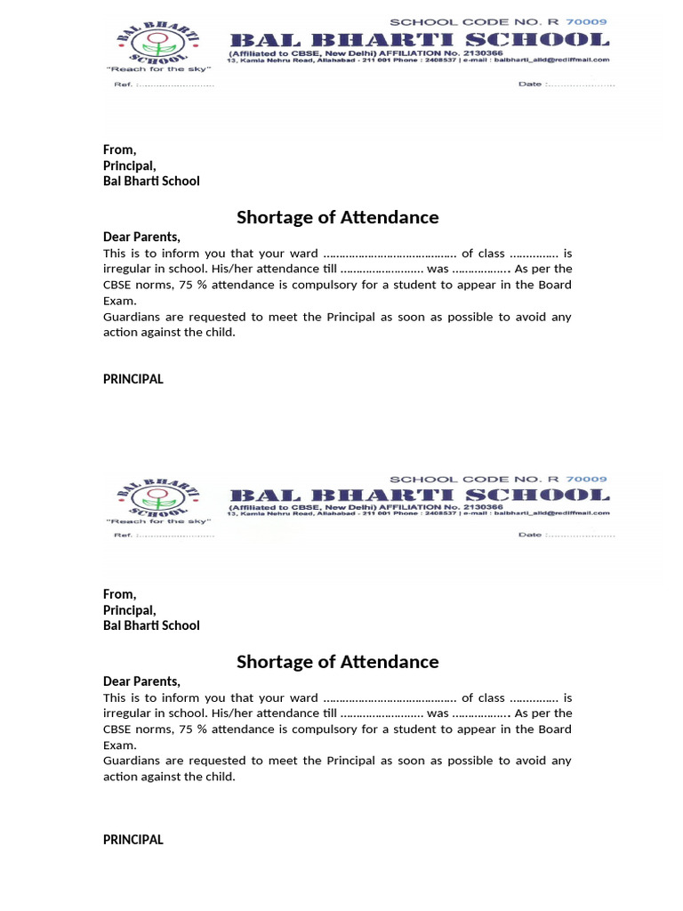 Attendance Shortage Notification to Parents | PDF
