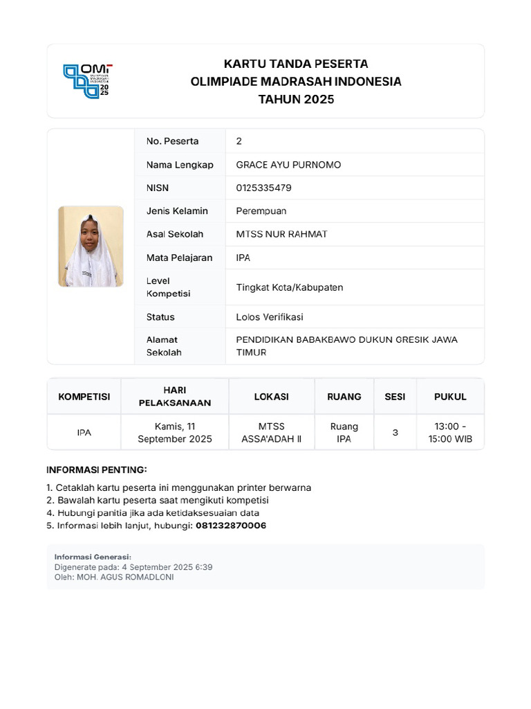 Kartu Peserta Grace Ayu Purnomo 2025 09 11 | PDF