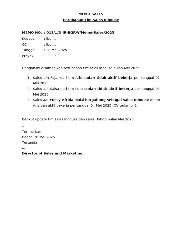 Memo Perubahan Tim Sales | PDF